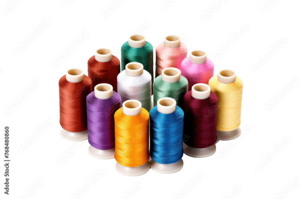 A collection of various spools of thread arranged side by side ...