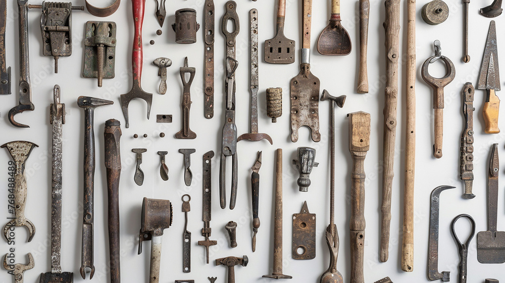 A collection of antique farm tools arranged as a unique art ...