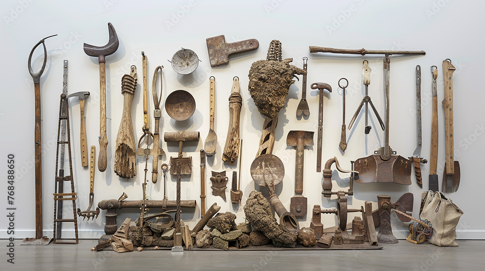 Foto de A collection of antique farm tools arranged as a unique art ...