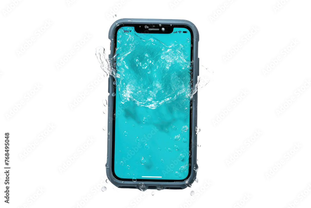 Foto de Water droplets are seen splashing onto the back of an iPhone case. The drops create ...