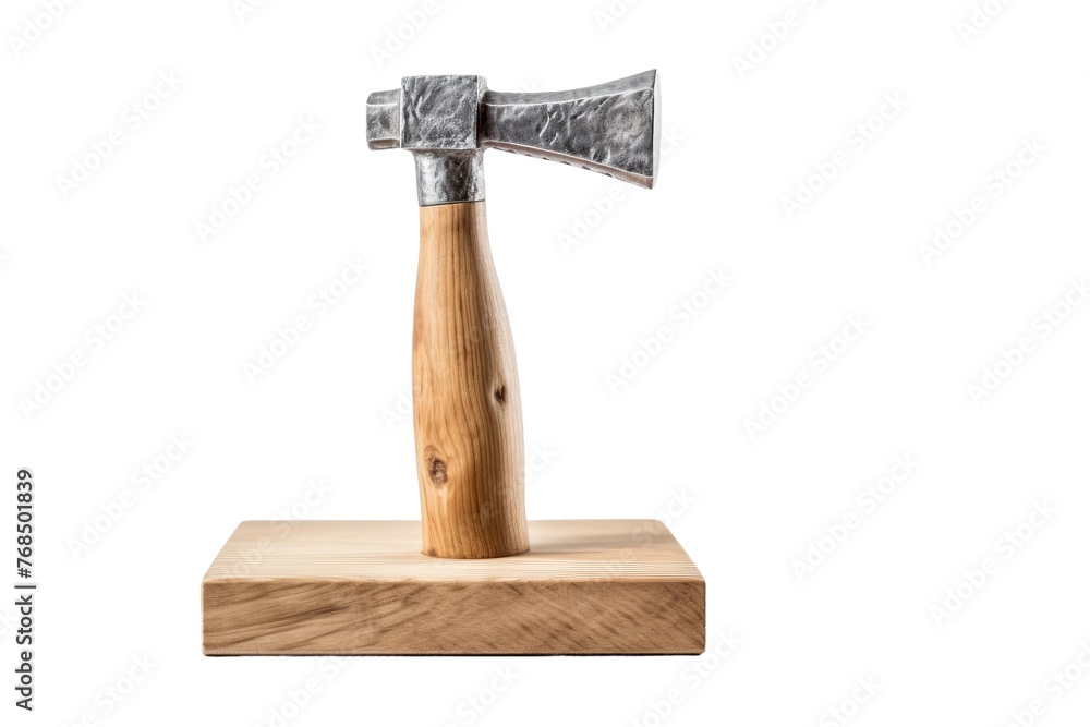 A wooden block with an axe embedded in it, showing sign of impact and ...