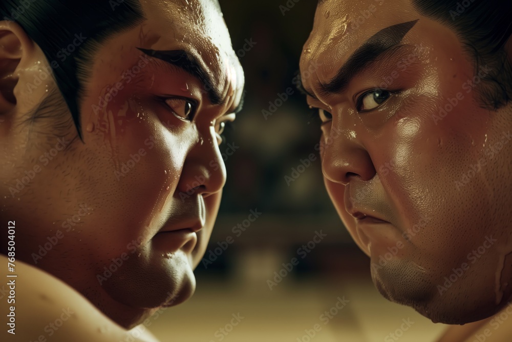 closeup of determined expressions as two sumo wrestlers face off Stock ...