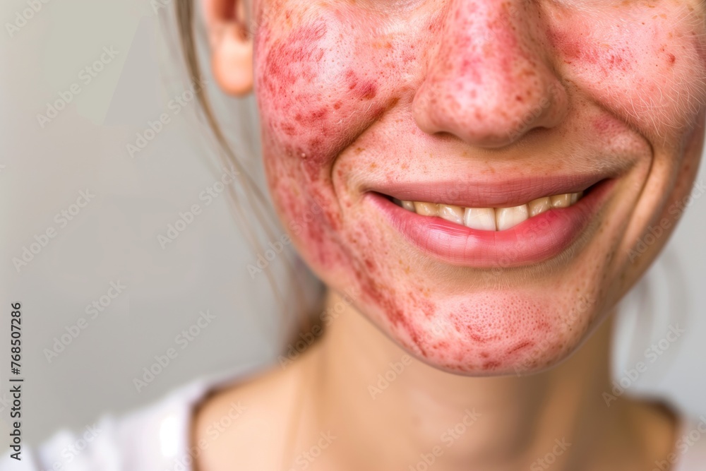 person with rosacea smiling, showing selfacceptance of skin condition ...