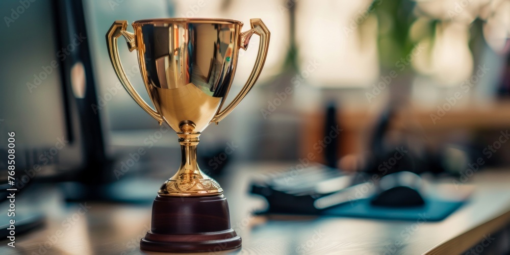 An elegant golden trophy stands out on an office desk with a computer ...