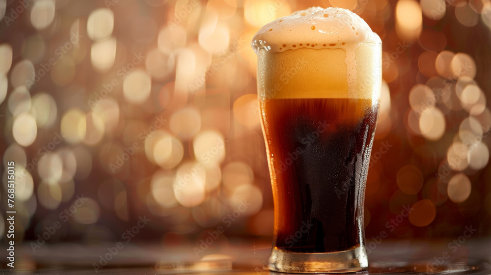 A photo of a pint of Guinness overflowing with a creamy head, a classic ...