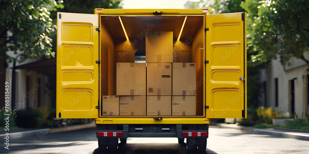 Open moving vehicle ready to be loaded with cardboard boxes with ...