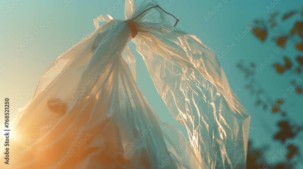 A close-up of a single-use plastic bag blowing away in the wind ...