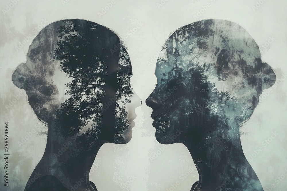 Dialogue of Self-Awareness. Two images of a person standing face to ...