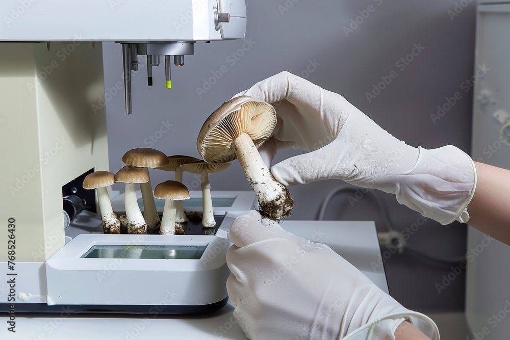 gloved hands placing mushroom in a spectrometer Stock Photo | Adobe Stock