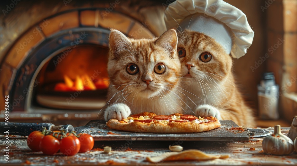 Chef Cat Baking Pizza: Picture a cat sliding a pizza into a stone oven ...