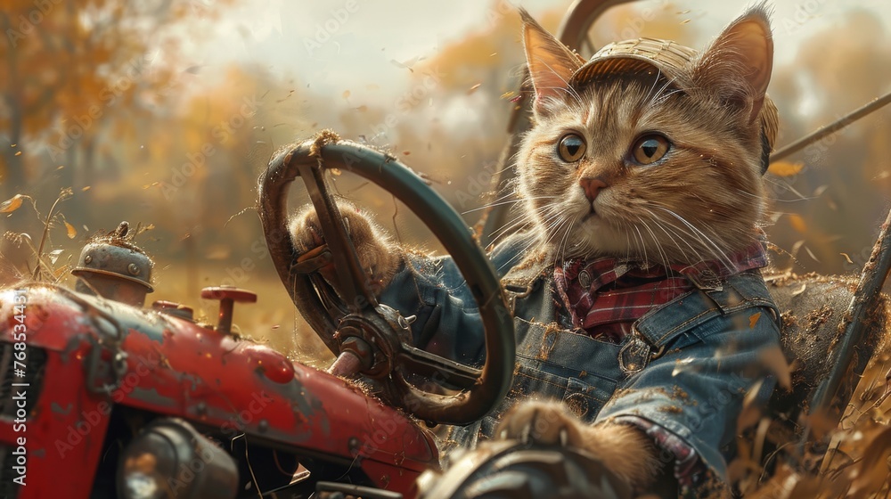 Farmer Cat in the Fields: Envision a cat wearing overalls and a straw ...