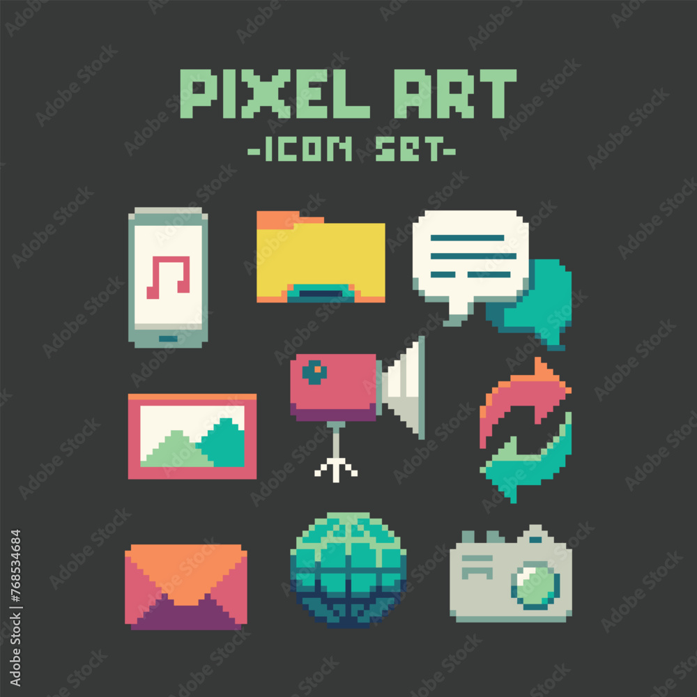 this is pixel art icon with colorful color and black background this ...