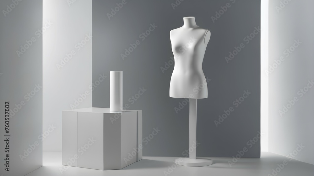 Bust of a mannequin in a white empty room. Minimalistic display ...