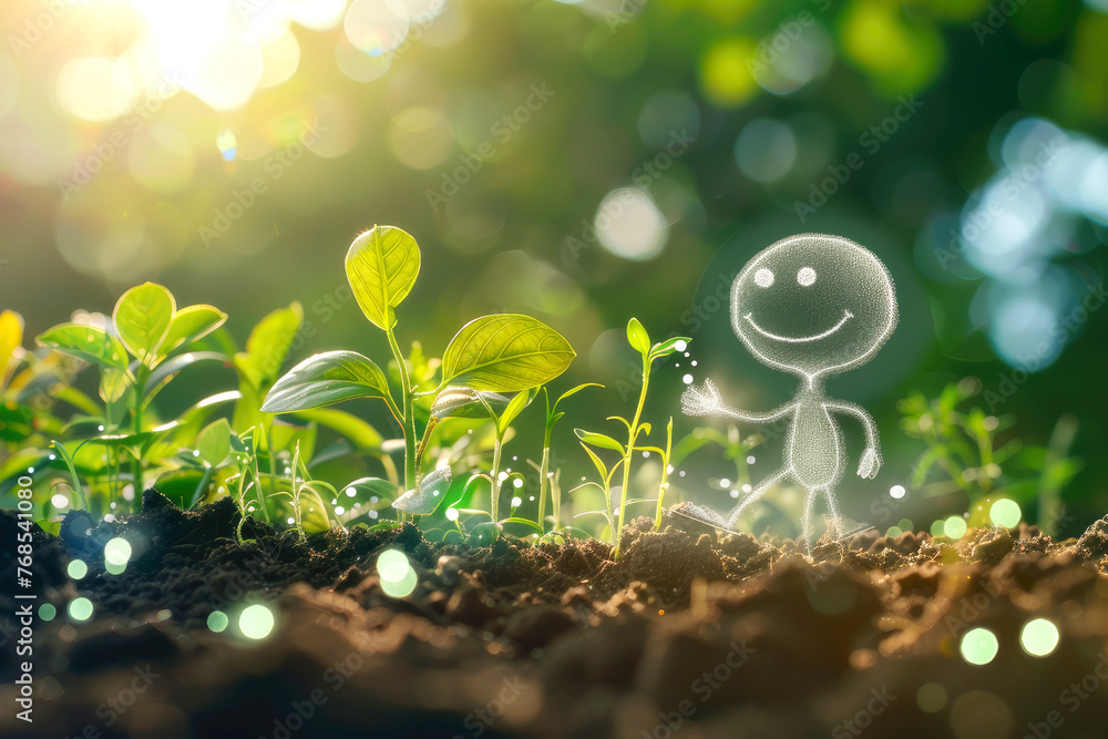 A white, small figurine of a man with a smile on his face, plants ...
