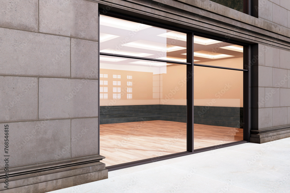 An empty storefront with a large window display, modern design, on a ...