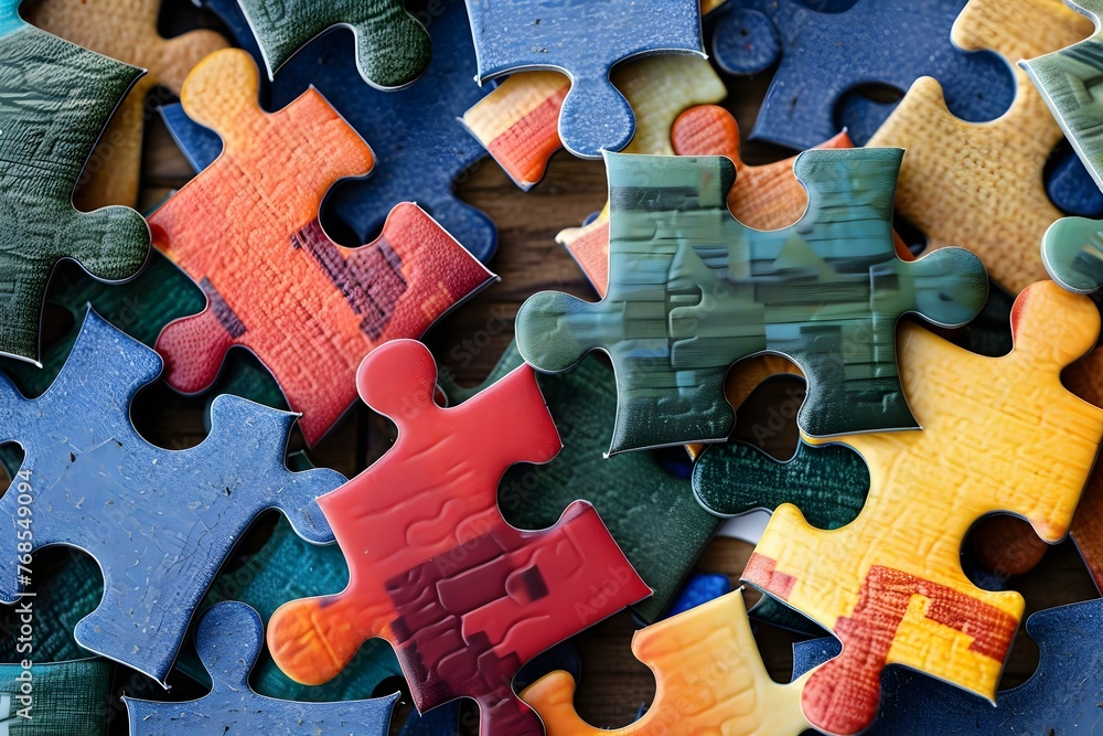 A group of diverse puzzle pieces fitting together symbolizing teamwork ...