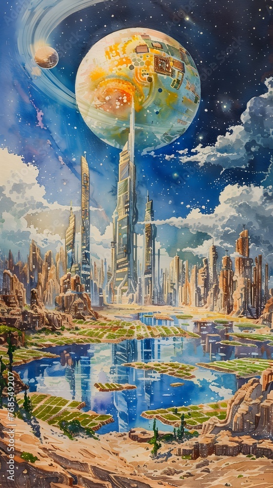 Futuristic Planetary City with Towering Vertical Farms in the Sky ...