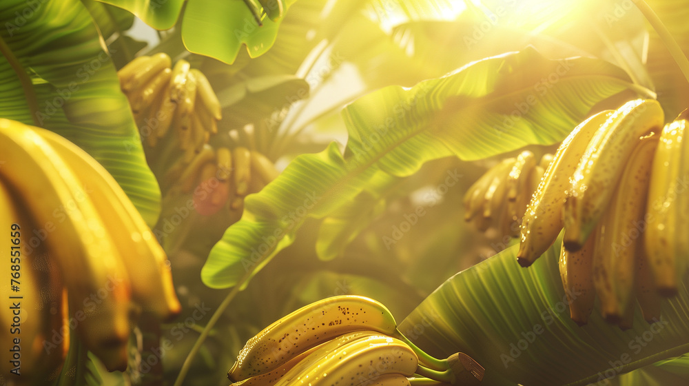 A closeup of ripe bananas hanging from banana tree, sunlight filtering ...