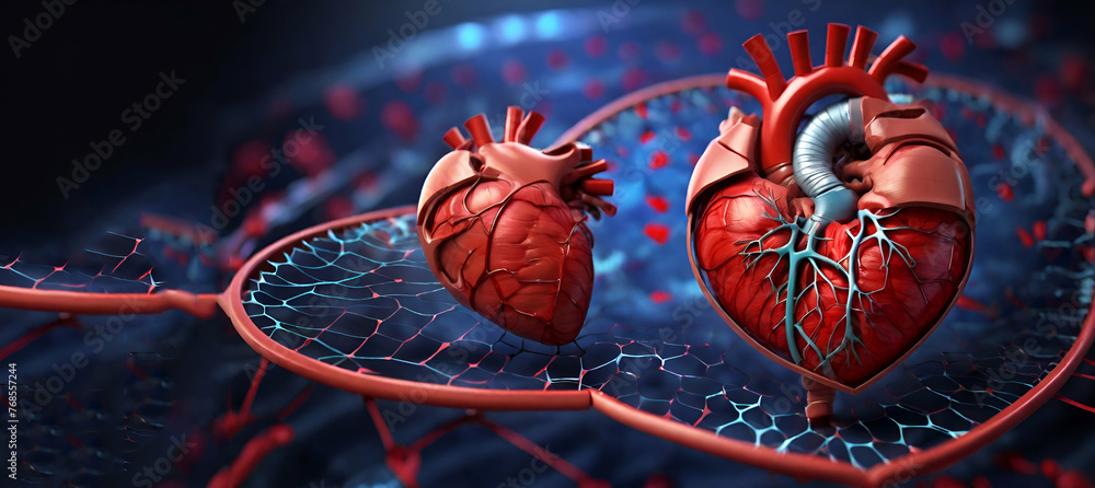 Heart with coronary vessels and ECG, illustration Human heart with ...