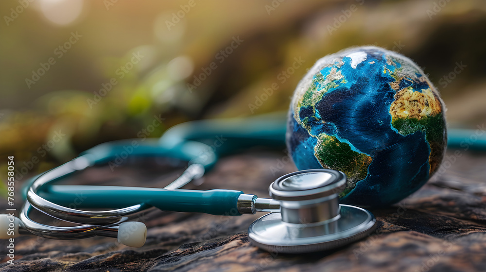 World Health Day concept with a handmade globe inside a stethoscope to ...