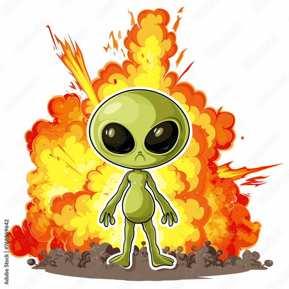 A green alien stands shocked before a fiery explosion, a dramatic scene ...