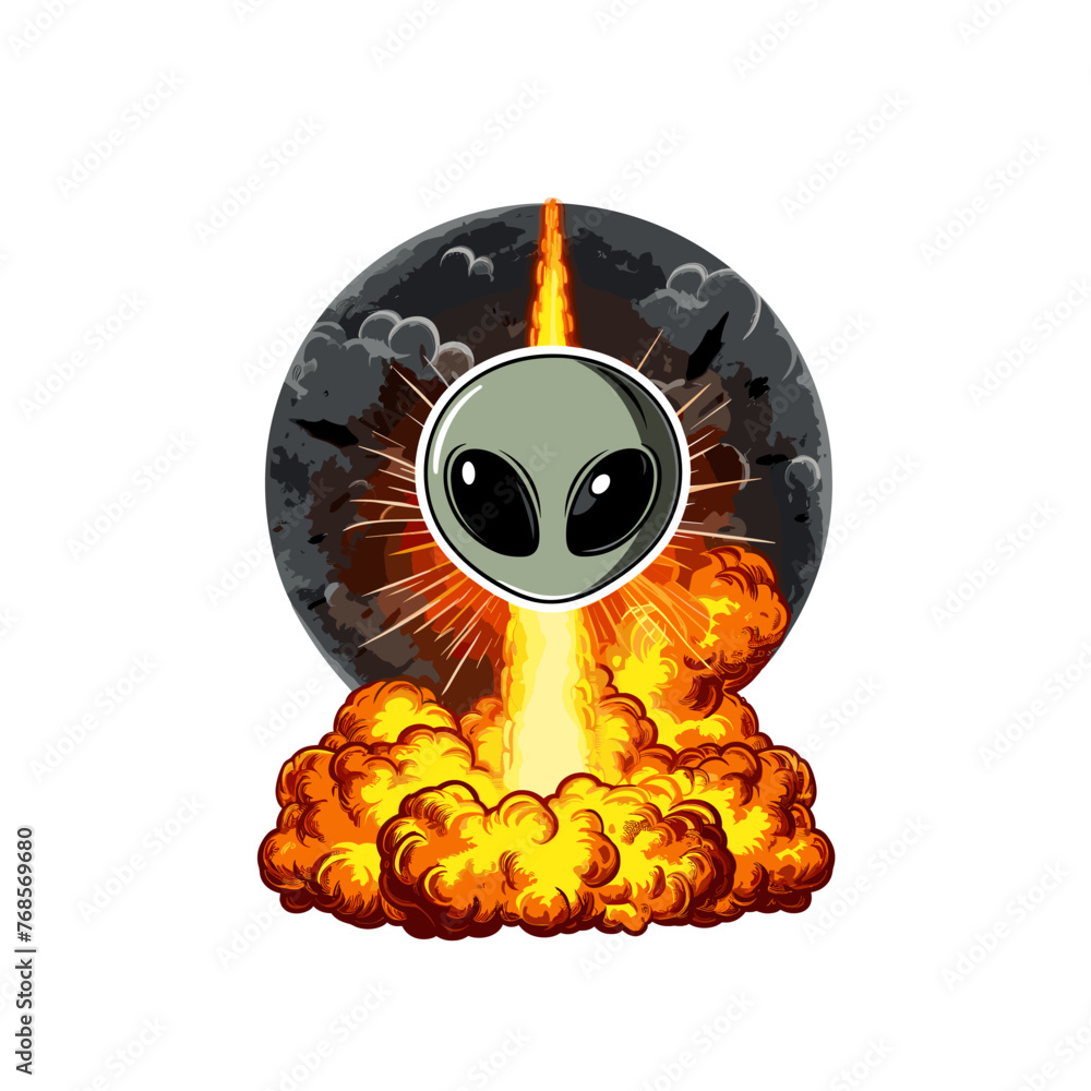 A green alien stands shocked before a fiery explosion, a dramatic scene ...
