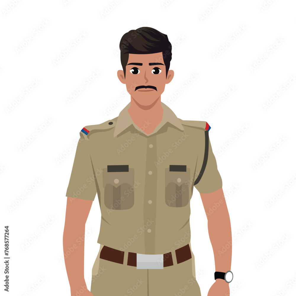 Young indian police officer front view with mustache. Flat vector ...