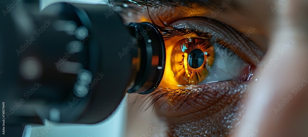 Intimate close up of an ophthalmoscope being used by an optometrist ...