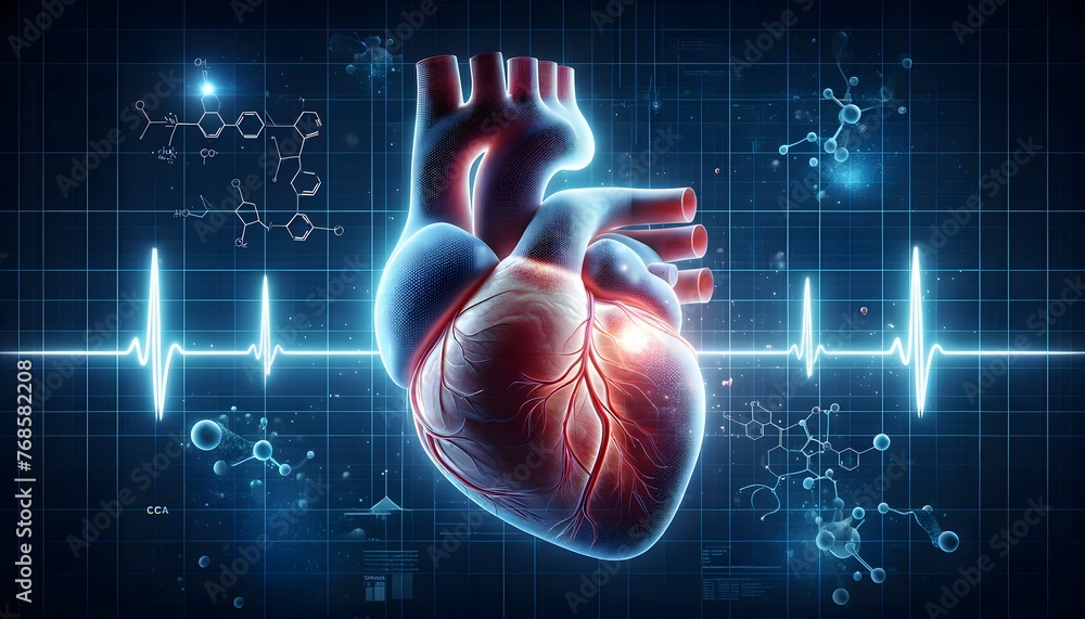 human heart with an overlay of an electrocardiogram (EKG) rhythm ...