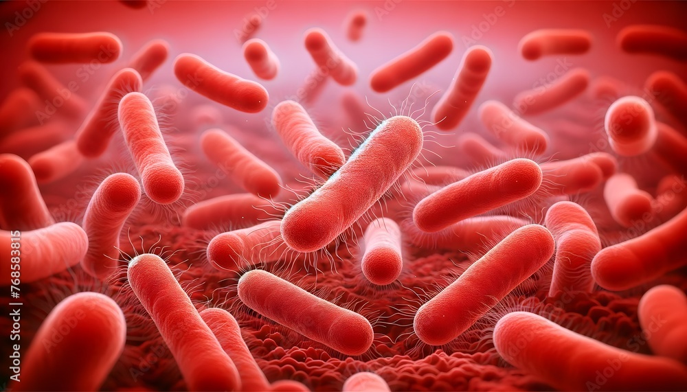 close-up, high-resolution illustration of numerous rod-shaped bacteria ...