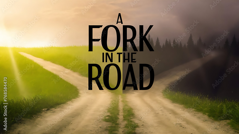 “A FORK IN THE ROAD” in bold black letters against backdrop of two ...