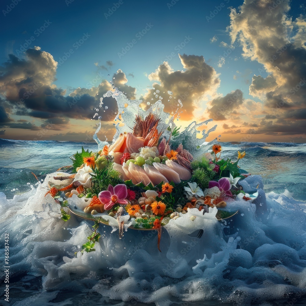 Sushi and sashimi platter with artistic ocean wave presentation ...