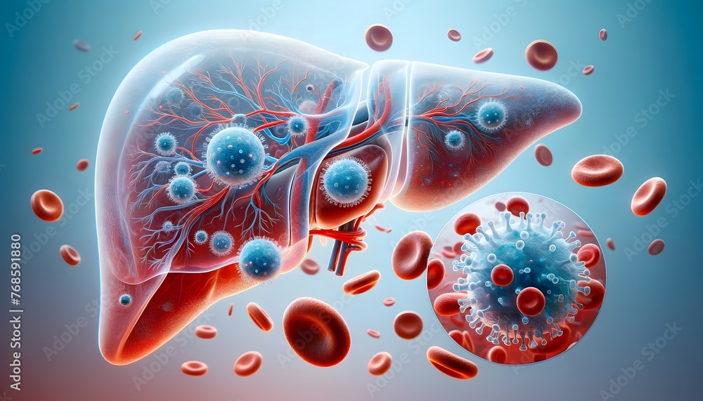 a human liver with a detailed view of hepatic cells and blood vessels ...