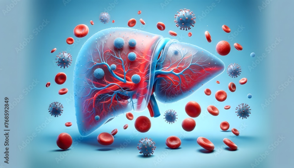 A digital rendering of a semi-transparent liver surrounded by red blood ...