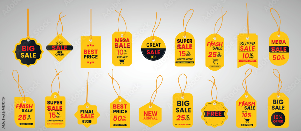 Set price tags or gift tags in different shapes.Set of labels with cord ...
