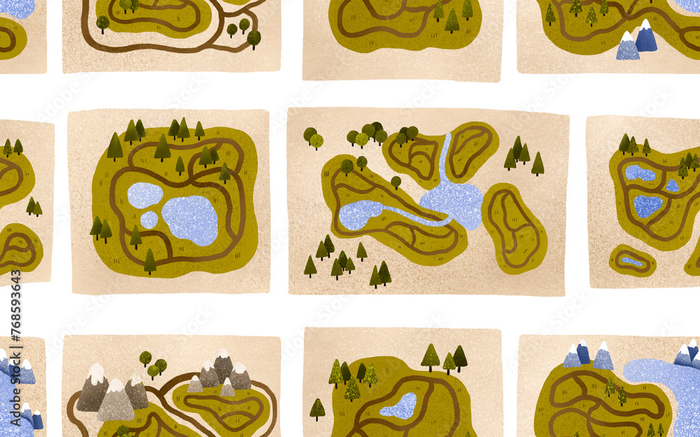 Seamless pattern with hiking maps. Maps for hiking in the mountains and ...