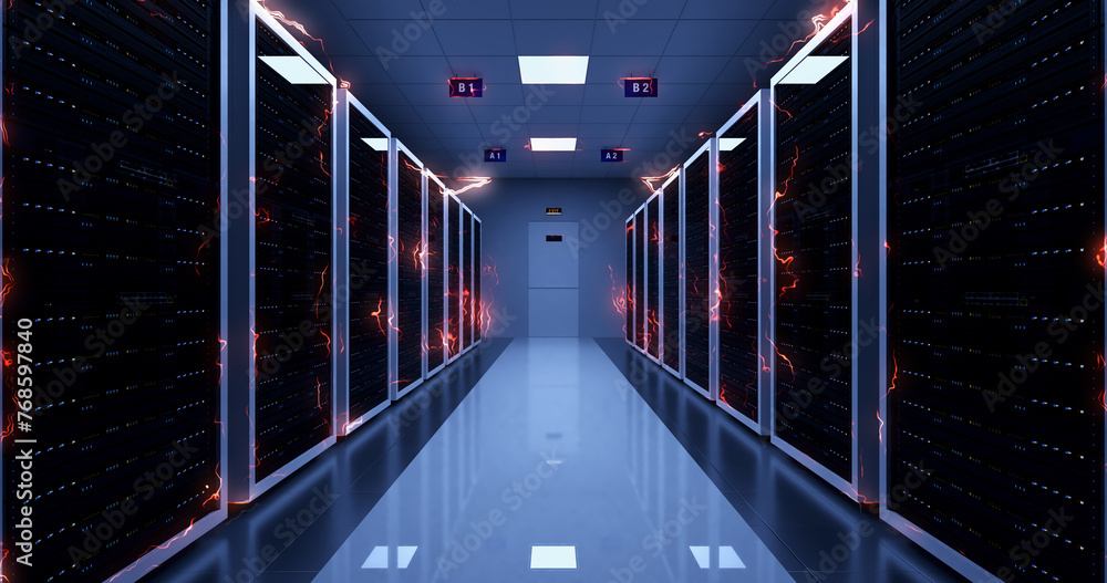 Server room in modern data center. Electrical signals flowing in high speed. Artificial ...