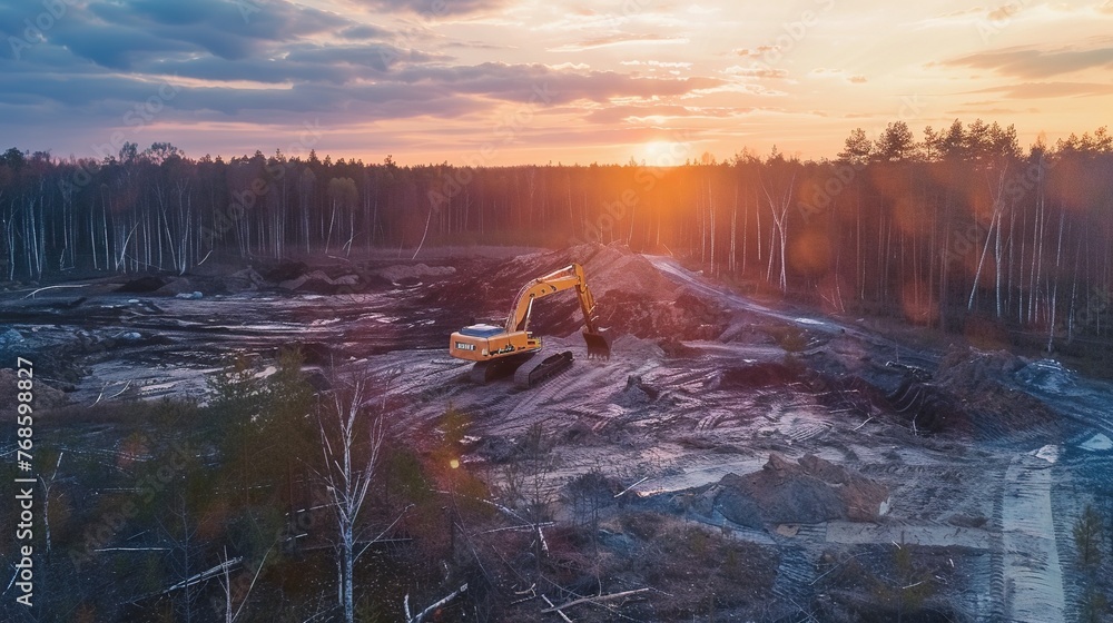 Working Excavator on Site with Beautiful Sunset. Loading, Field, Dig ...