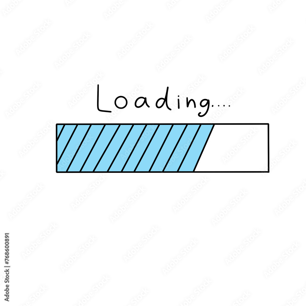 A blue loading bar with white stripes is shown on a white background ...