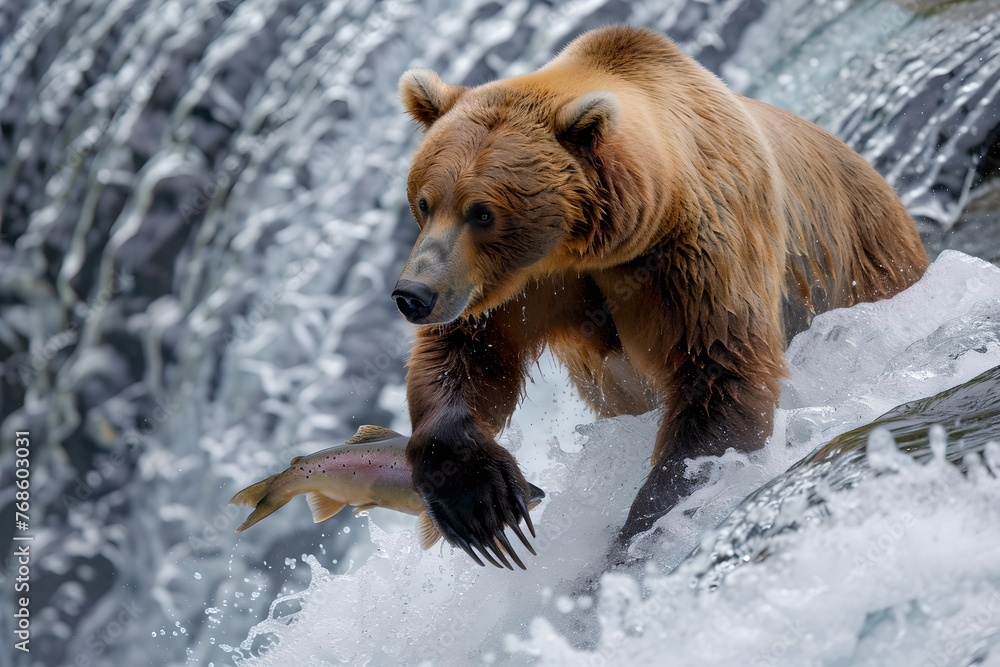 Brown bear catching fish near a waterfall. Wildlife in action. Natural ...