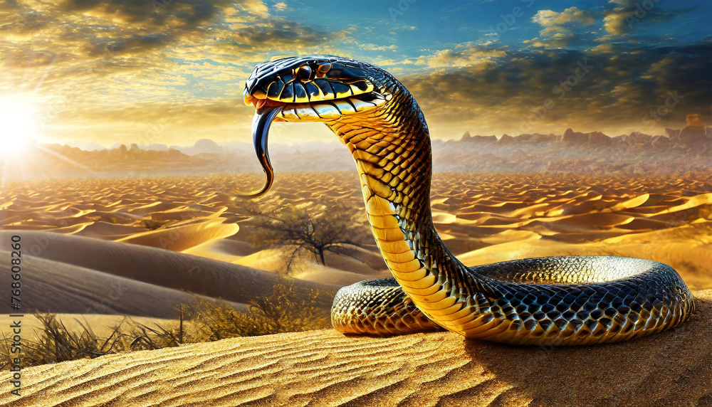 Closeup of a beautiful king cobra snake in desert sand (Ophiophagus ...