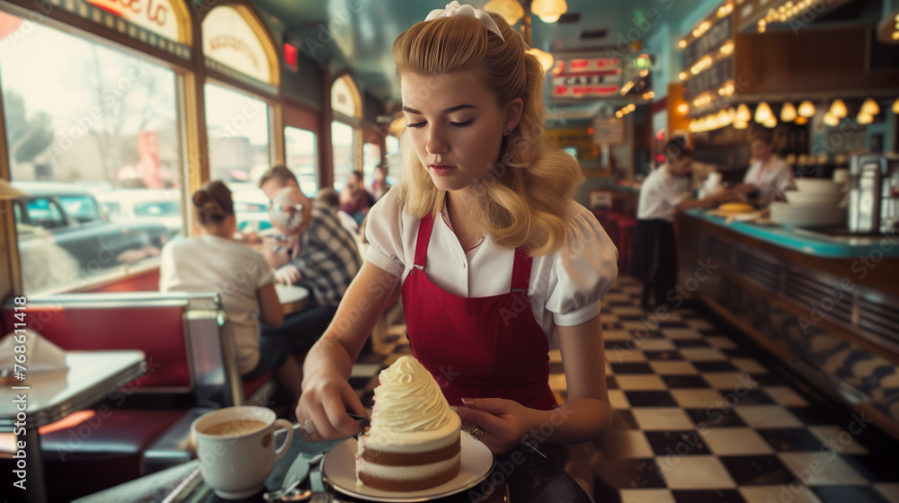 Inside a 1950s Americana diner, a waitress in uniform serves cake ...