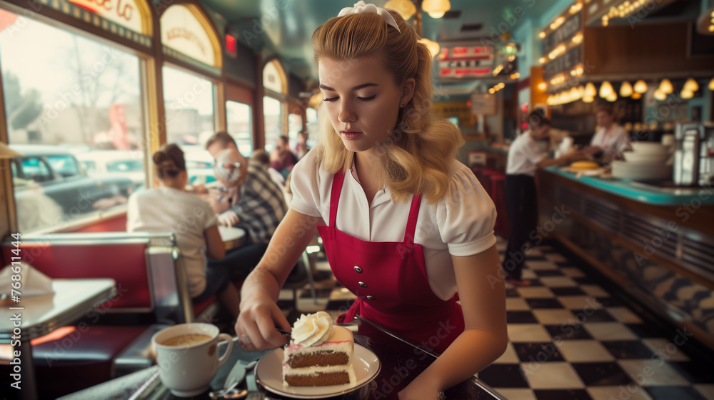 Inside a 1950s Americana diner, a waitress in uniform serves cake ...