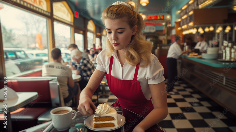 Inside a 1950s Americana diner, a waitress in uniform serves cake ...