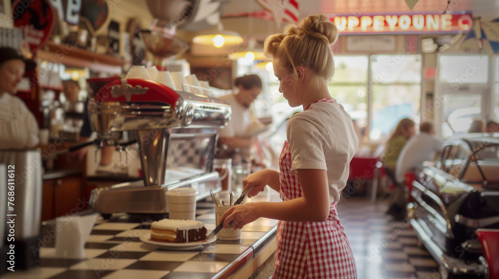 Inside a 1950s Americana diner, a waitress in uniform serves cake ...