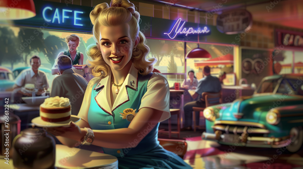 Inside a 1950s Americana diner, a waitress in uniform serves cake ...