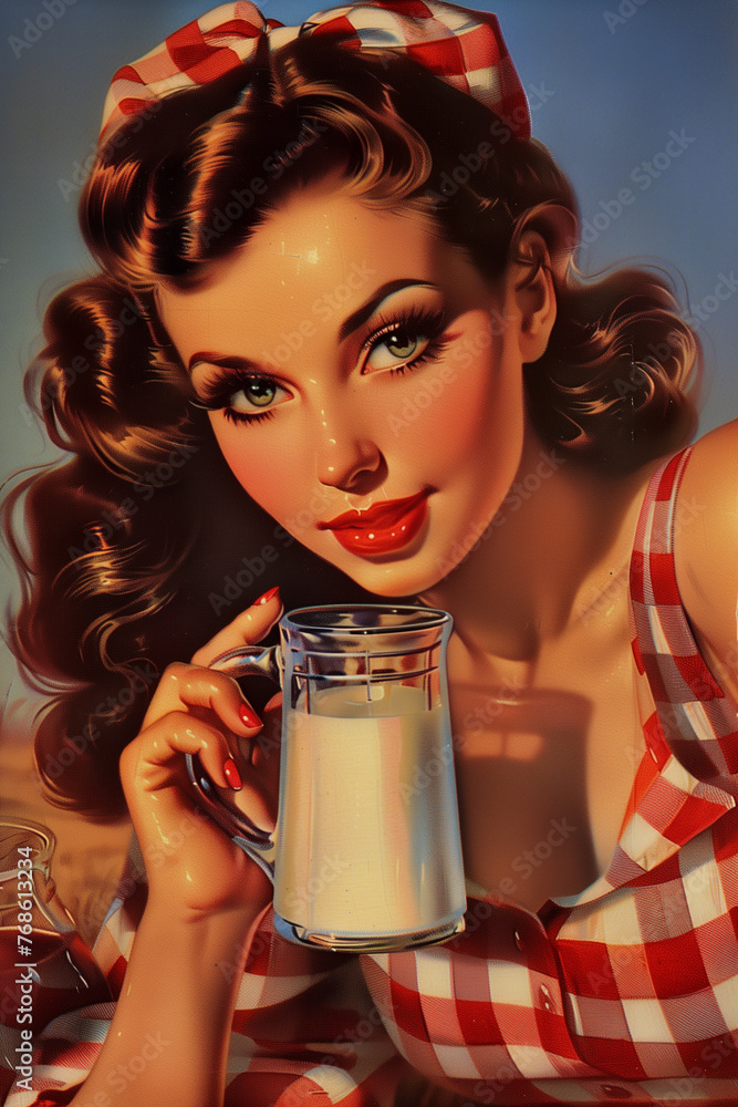 A beautiful cowgirl with a glass of milk. Pin-up and dairy farming ...