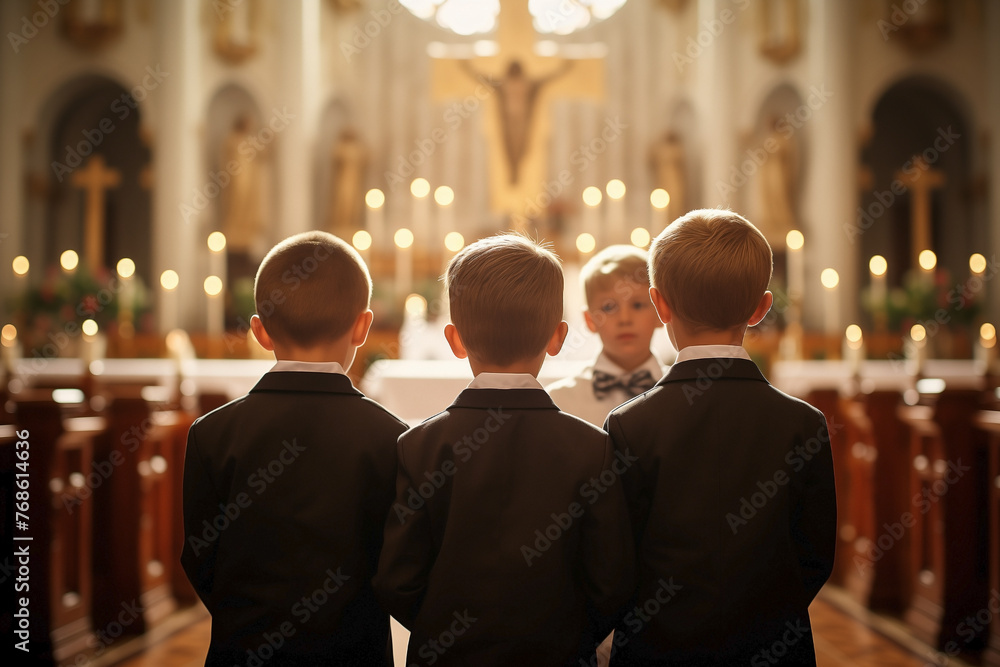 Crowd of kids dressed formally gathered around the church altar with ...