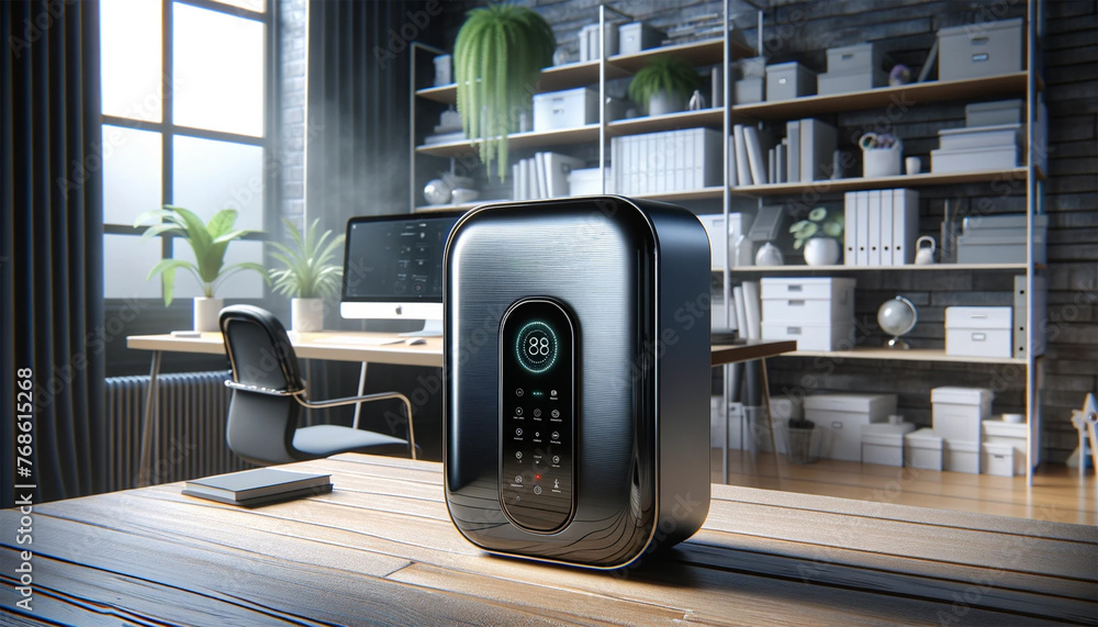 A state-of-the-art portable air purifier located in the home office ...