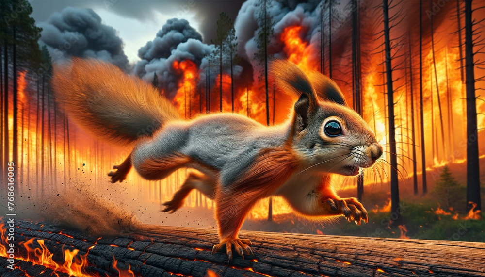 Image of a squirrel running away from a forest fire. The image captures ...